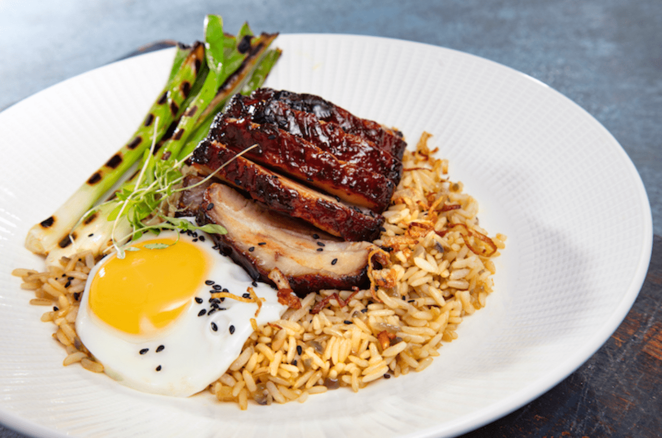 Filipino Pork Belly Tocino Served With Caramelised Garlic Rice, Fried ...