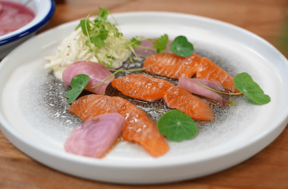 Gin Cured ChalkStream® trout, Celeriac Slaw, Pickled Candy Beets, Fresh Herbs - Oliver Kay