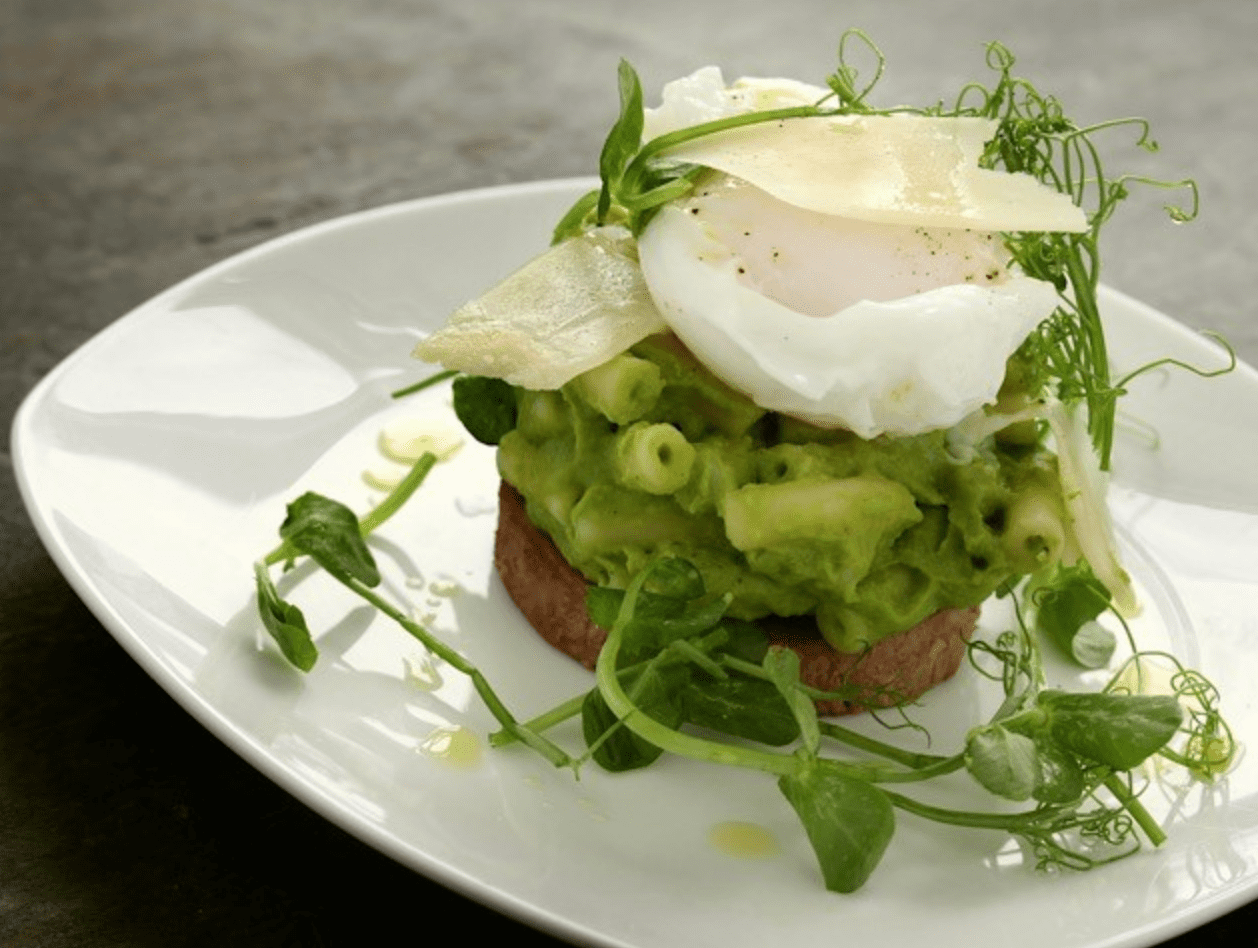 Mac N Peas, Smoked Pancetta, Poached Duck Egg & Parmesan - Oliver Kay