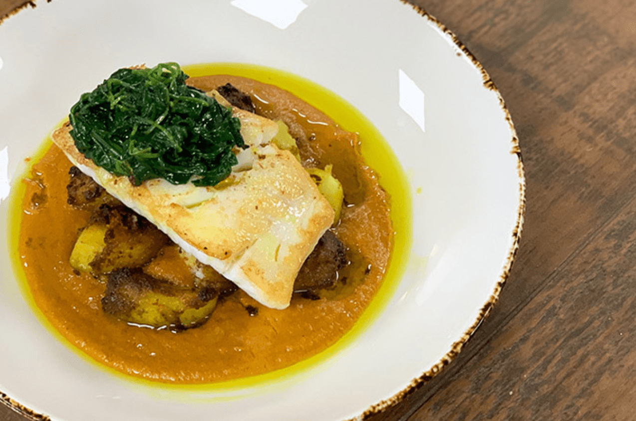 Salted Cod With Tandoori Aloo And Mango Masala Sauce - Oliver Kay