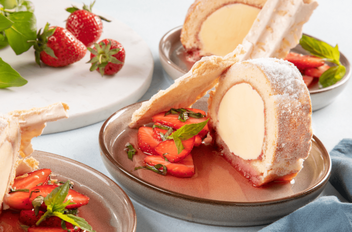 Strawberry Arctic Roll Topped With Basil & Lime Marinated Strawberries ...